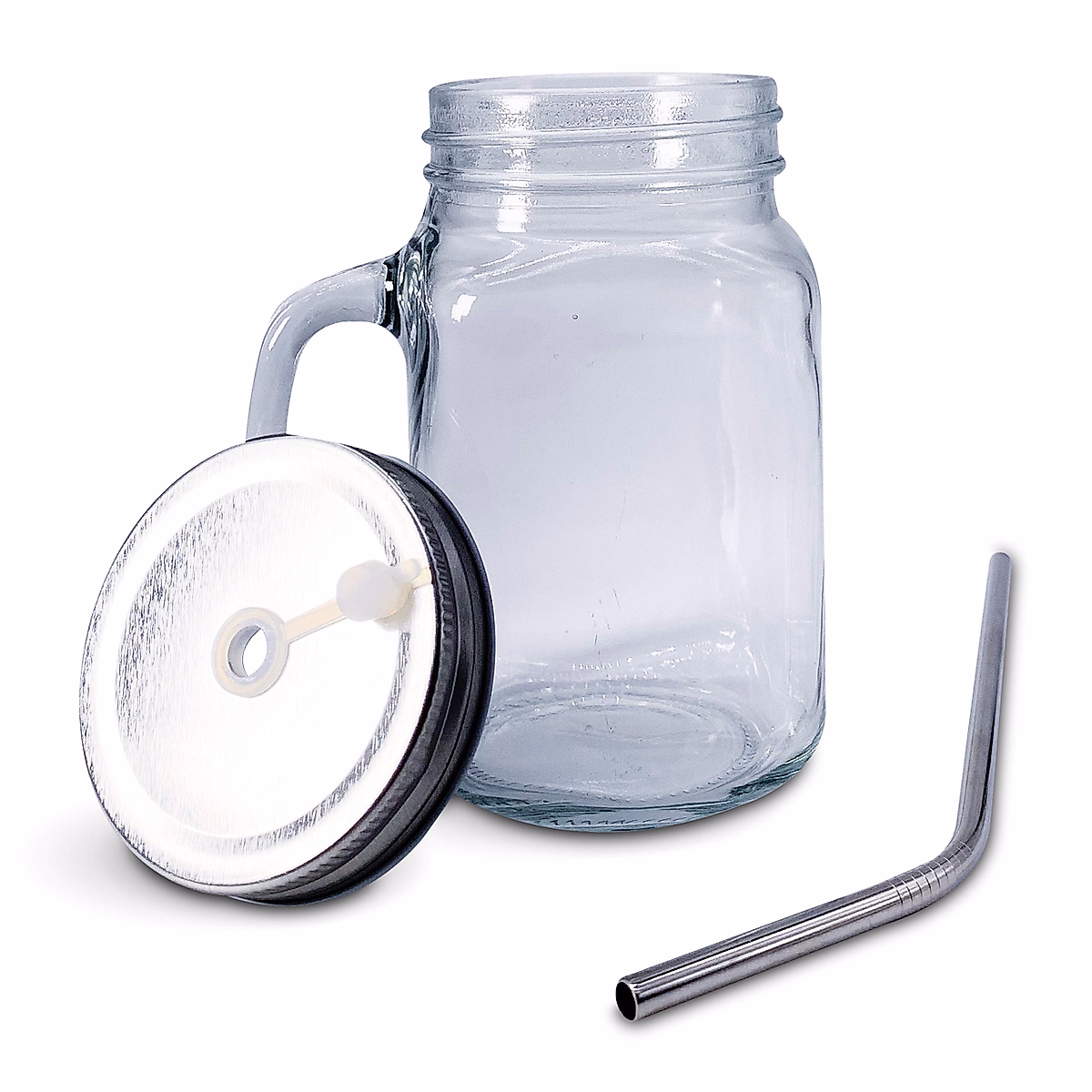 Home Suave Mason Jar Mugs with Handle Sets, Regular Mouth, Colorful Lids with Reusable Stainless Steel Straw, Kitchen GLASS 16 oz Jars & Dishwasher Safe (4, Silver)