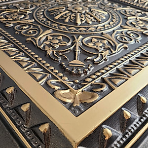 Faux Tin Ceiling Tile for Antique Look Ceiling, 3D Wall Paneling, Backdrop. Easy Glue up/Drop in Installation. Pack of 25 (2'X2') Decorative Ceiling Tiles in Antique Gold (~ 100 sq.ft). MDL#223AG