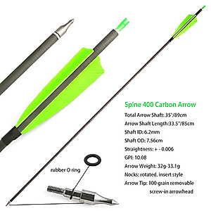 SHARROW 33 inch Carbon Arrow Hunting Arrows 400 Spine with 100 Grain Removable Tips for Archery Compound & Recurve & Traditional Bow Hunting Practice Shooting 6/12pcs (12pcs, Green)