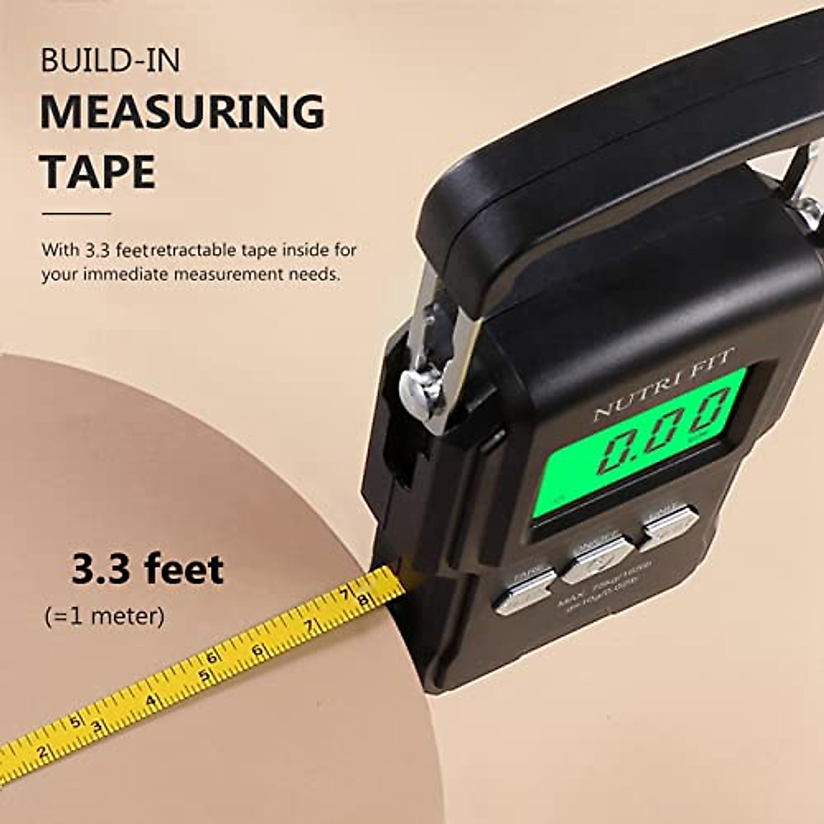 NUTRI FIT Luggage Weight Scale Fish Weighing Scales Digital Handheld Suitcase Weigher with Hook, 165lb/75kg with Measuring Tape for Travel, Fishing, Gifts