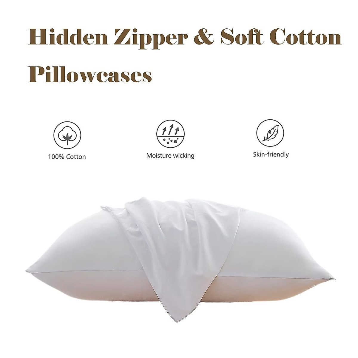 Bedemu White Pillow Cases Set of 2 with Invisible Zipper, 100% Cotton Pillow Protectors with 600 Thread Count, Cooling & Breathable Pillow Case for Hot Sleepers, Standard Size 20 x 26 Inches, 2 Pack