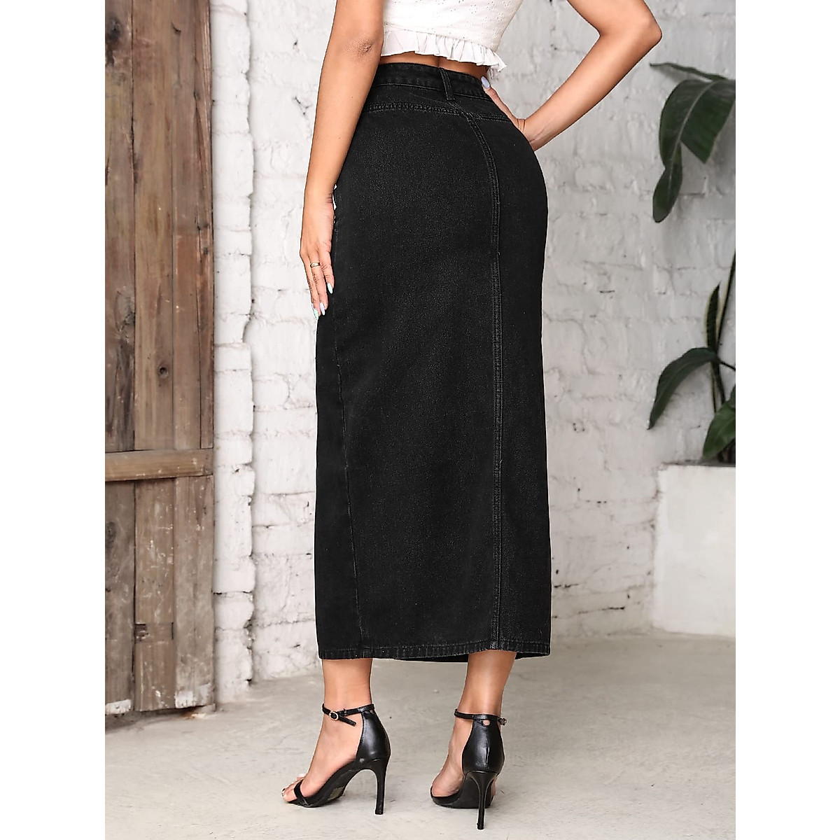SweatyRocks Women's Casual High Waist Denim Skirt Split Hem Raw Trim Midi Jean Skirts Black L
