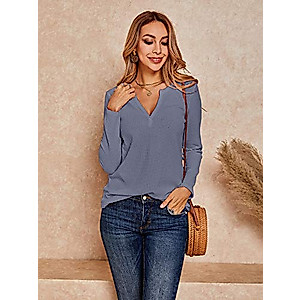 Womens V Neck Shirts Long Sleeve Waffle Knit Loose Fitting Warm Tee Tops Pullover Sweaters (Medium, Dark Blue)