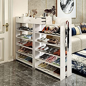 BURENMTO 5-Tier Wooden Storage Organizer, 29.5" Wide Vertical Shoe Rack for Closet Large Entryway Shoe Rack 15 Pairs Corner Tall Organizer Shoe Shelf with Drawer