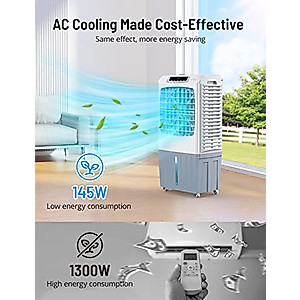 Evaporative Cooler, Windowless Air Conditioner Swamp Cooler with 4 Ice Packs & 2943CFM Fan Evaporative Cooler Humidifier with 10.6 Gal Water Tank Remote Control Scroll Casters for Home Garage Office