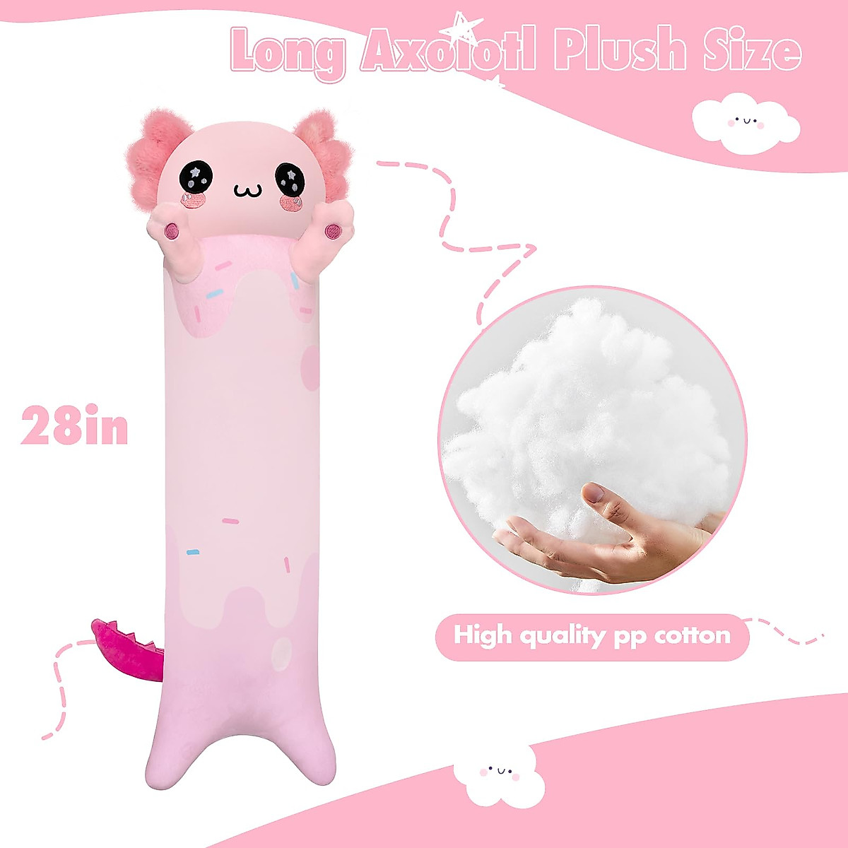 NXNYNZ Pink Long Axolotl Plush Pillow, 28" Soft Cute Axolotl Stuffed Animal Plush Pillow, Axolotl Body Pillow Long Plush Doll for Kids Girls Boys