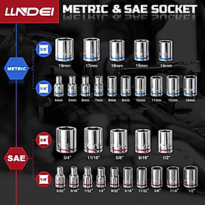 LLNDEI 57pcs 3/8 &1/4 Inch Drive Socket Wrench Sets, Dual Head 72-Teeth 2 Ways Ratchets, 6 Point Metric/SAE Sockets, CR-V, Extensions with 1/4-inch Dr. Bits Set, Universal Joint(5/32-3/4Inch,4-19mm)