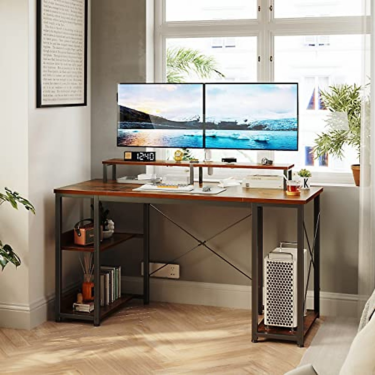 ODK 48 inch Computer Desk with Monitor Shelf and Storage Shelves, Writing Desk, Study Table with CPU Stand & Reversible Shelves, Vintage