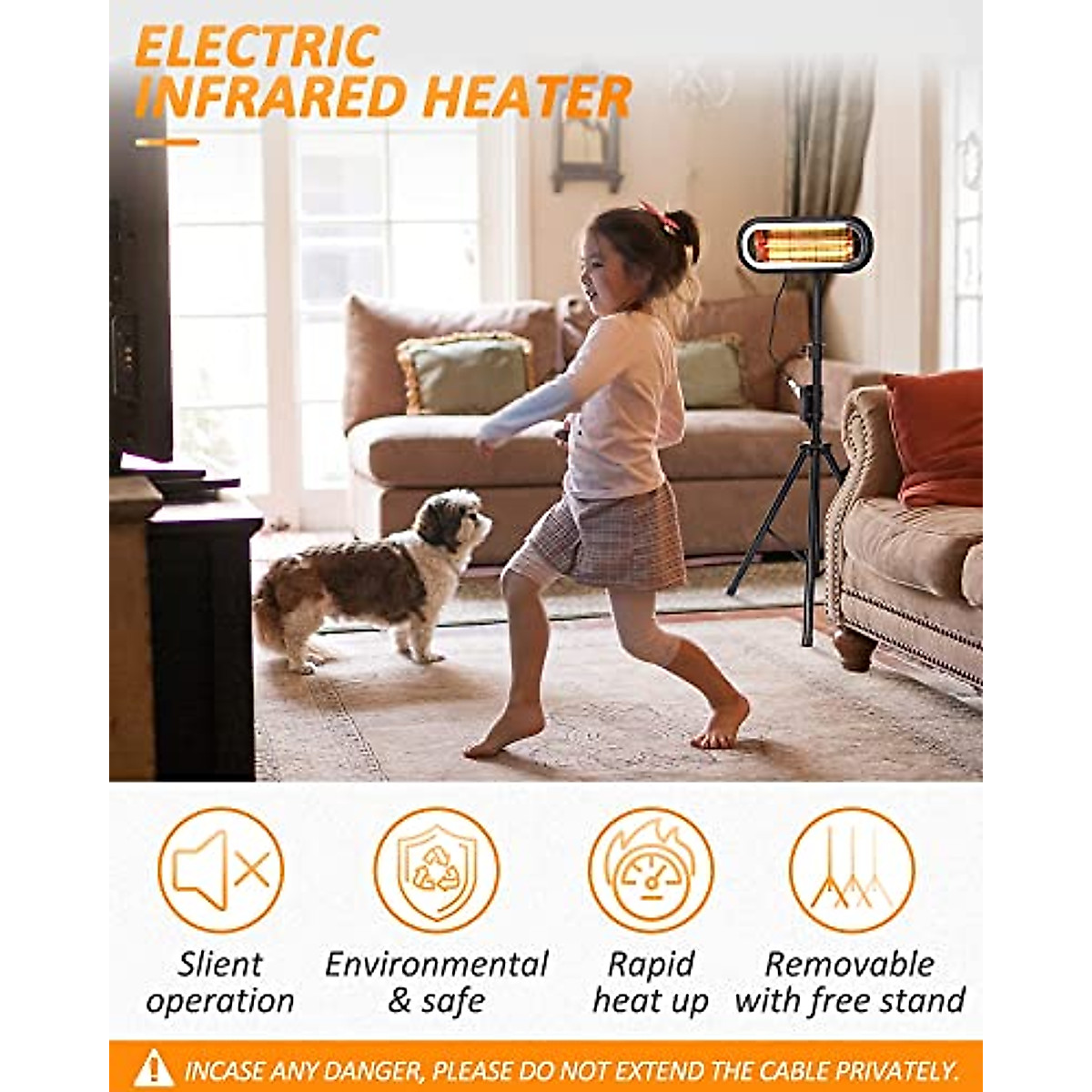 KUTON Outdoor Electric Heater, 1500W Infrared Patio Heater, Standing Indoor Heater with Telescopic Tripod, Tip-Over & IP65 Waterproof For Garage Backyard, Angle Adjustable, YD-SH-B