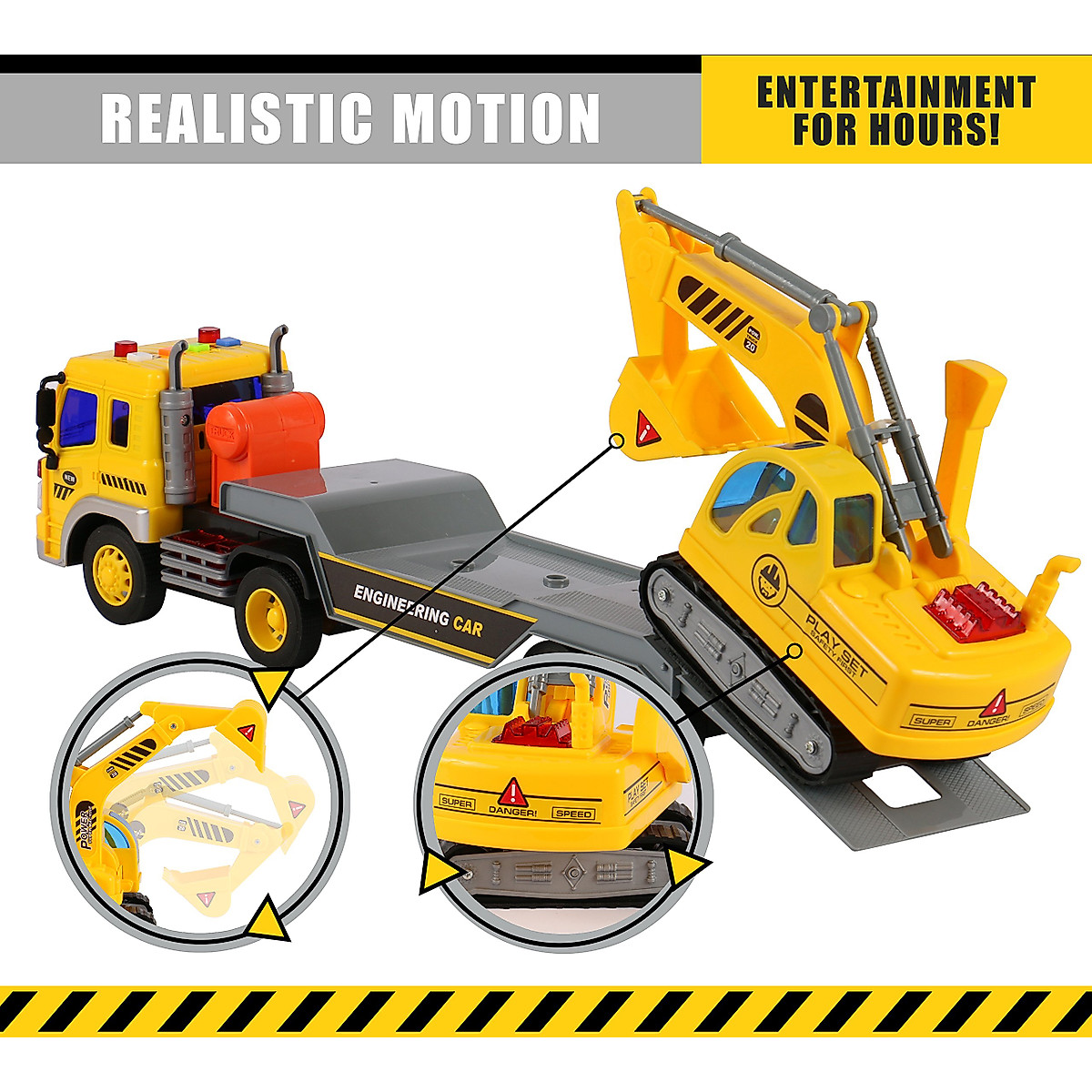 TOYTHRILL Tow Truck with Excavator Toy for Boys 2+ Year Old, Construction Truck Toy with Excavator, Semi Truck with Lights and Sounds, Flatbed Truck Toy Push and Go Construction Vehicle for Kids
