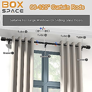 Box Space Curtain Rods for Windows 66 to 120 inch -1 inch Diameter Black Curtain Rods Adjustable Decorative Heavy Duty Long Curtain Rod for Living Room Bathroom Bedroom Outdoor Patio