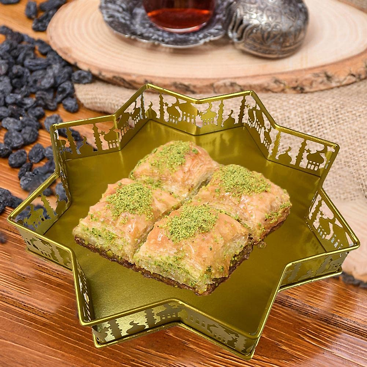 WYHFA Eid Mubarak Plate Iron Serving Tray, Ramadan Food Serving Tray Plate Dessert Pastry Candy DIY Display Tray for Eid Mubarak Party Decoration