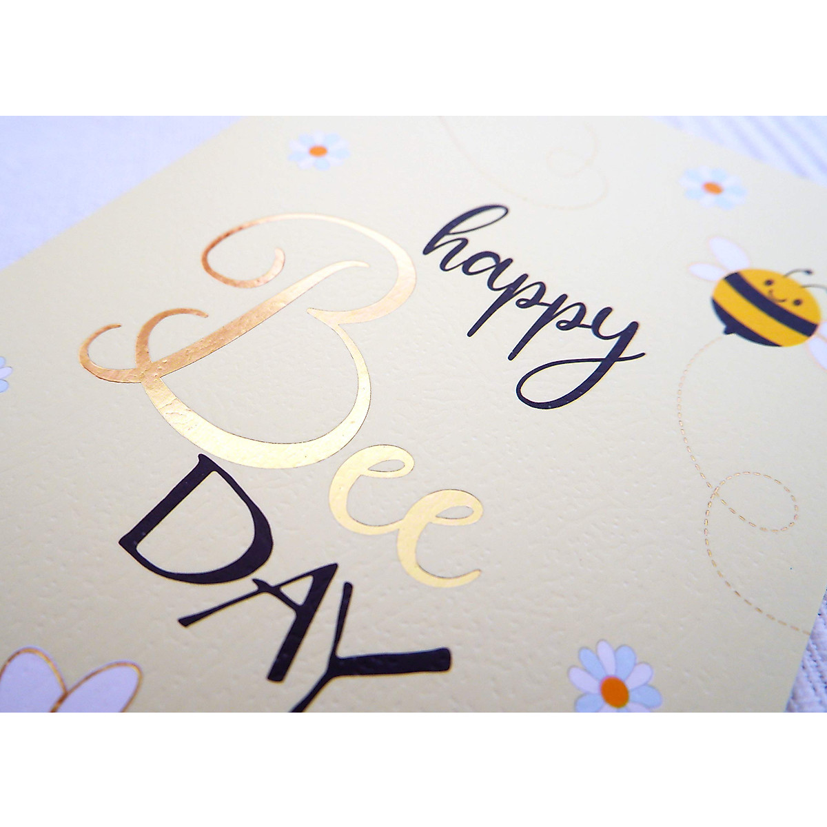Birthday Card - Single Happy Bee Day Birthday Greeting Card For Bee Themed Party - Gold Foil Bees and Lettering on Yellow Textured Paper with Kraft Envelope - 5" x 7" - Blank Inside