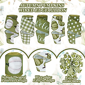 Whaline Fall Green Pumpkin Wired Edge Ribbon 30 Yards Farmhouse Rustic Autumn Thanksgiving Harvest Fabric Ribbon Welcome Plaids Polka Dots Craft Ribbon for Wreath Floral Bow DIY Crafts, 5 Roll