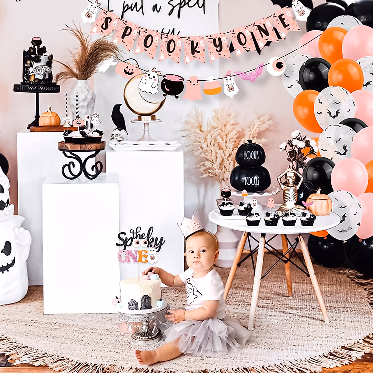 Girl Halloween 1st Birthday Party Decor Halloween Spooky One Banner Cute Ghost Cake Topper Balloon for Halloween Theme Little Boo First Birthday Happy Boo Day Baby Shower The Spooky One Party Supplies