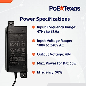 PoE Texas 48v Power Supply - 48 Volt 60 Watt AC to DC Power Supply for Power Over Ethernet, PoE Injector, Adapter, Splitter, Extender, Network Switch - 60w 48vDC PoE Power for 802.3af, 802.3at Devices