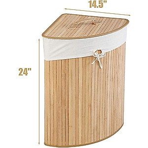 GOFLAME Corner Bamboo Laundry Hamper with Lid and Removable Liner, Washing Clothes Basket Storage Bin with Handle, Suitable for Bedroom, Bathroom, Laundry (Natural)