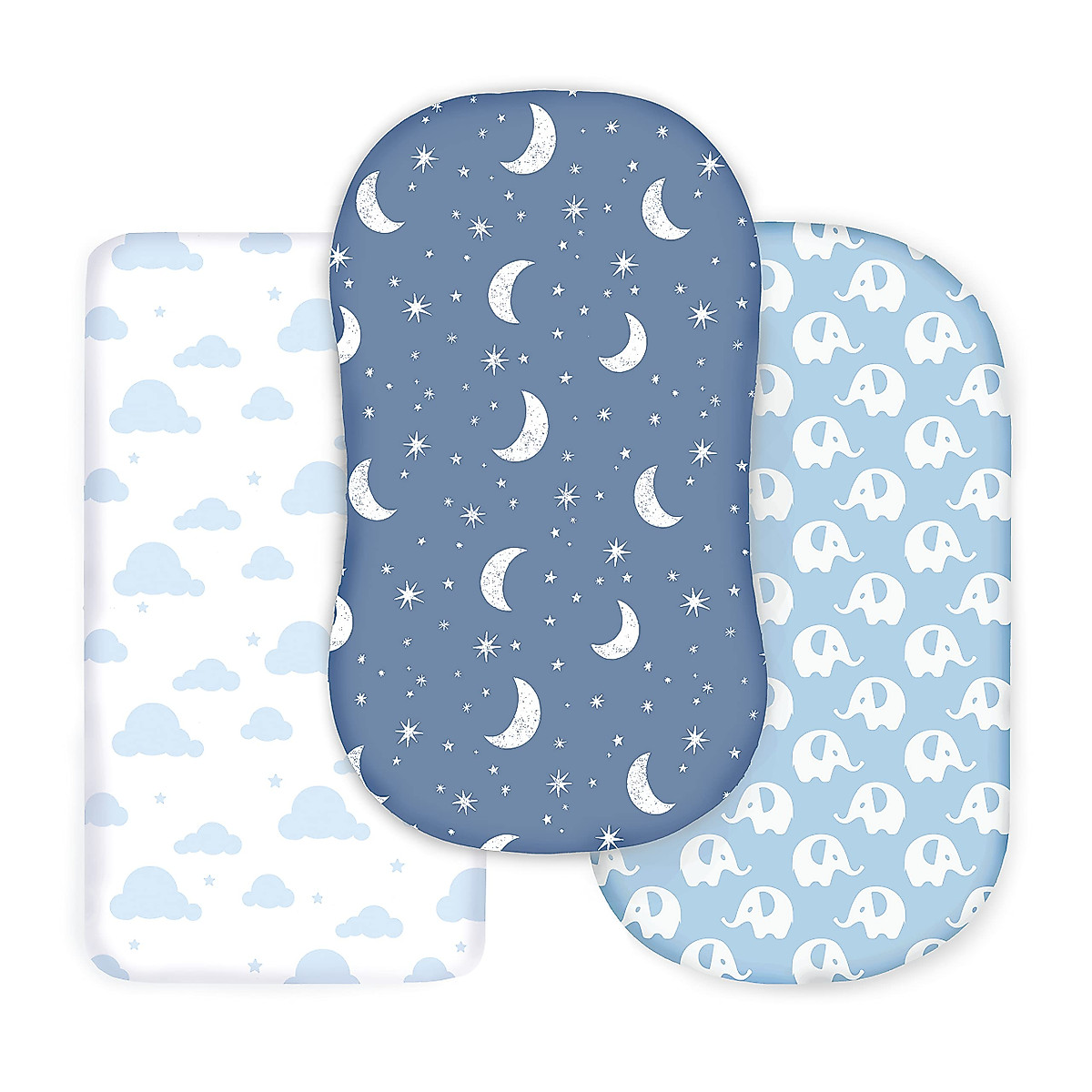 Cambria Baby 100% Organic Cotton Jersey Fitted Bassinet Sheets for Boy. 3 Pk Adapts to Oval, Hourglass & Rectangle Shaped Bassinet Pads. Fits Halo, Snoo, Graco, and Most other Standard Size Bassinets.