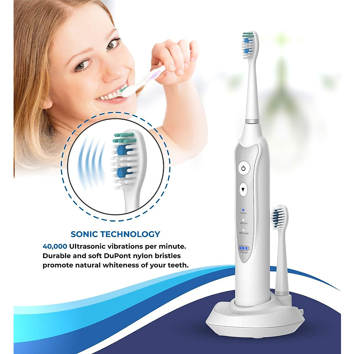 Sonic Electric Toothbrush for Adults with 5 Toothbrush Replacement Heads, 3 Brushing Modes & 2 Minutes Built-in Timer, Travel Toothbrushes with Inductive Charging, Rechargeable toothbrush | White