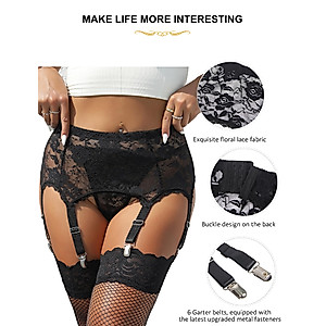 ohyeah Black Lace Garter Belt Sexy Mesh Suspenders with 6 Straps Metal Clips Vintage Garter Belts for Thigh Highs Stockings XL-XXL