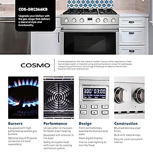 COSMO COS-GRC366KB 36 in. Lumin Collection 6.0 cu. ft Range with 6 Sealed Gas Burners and Convection Oven in Stainless Steel