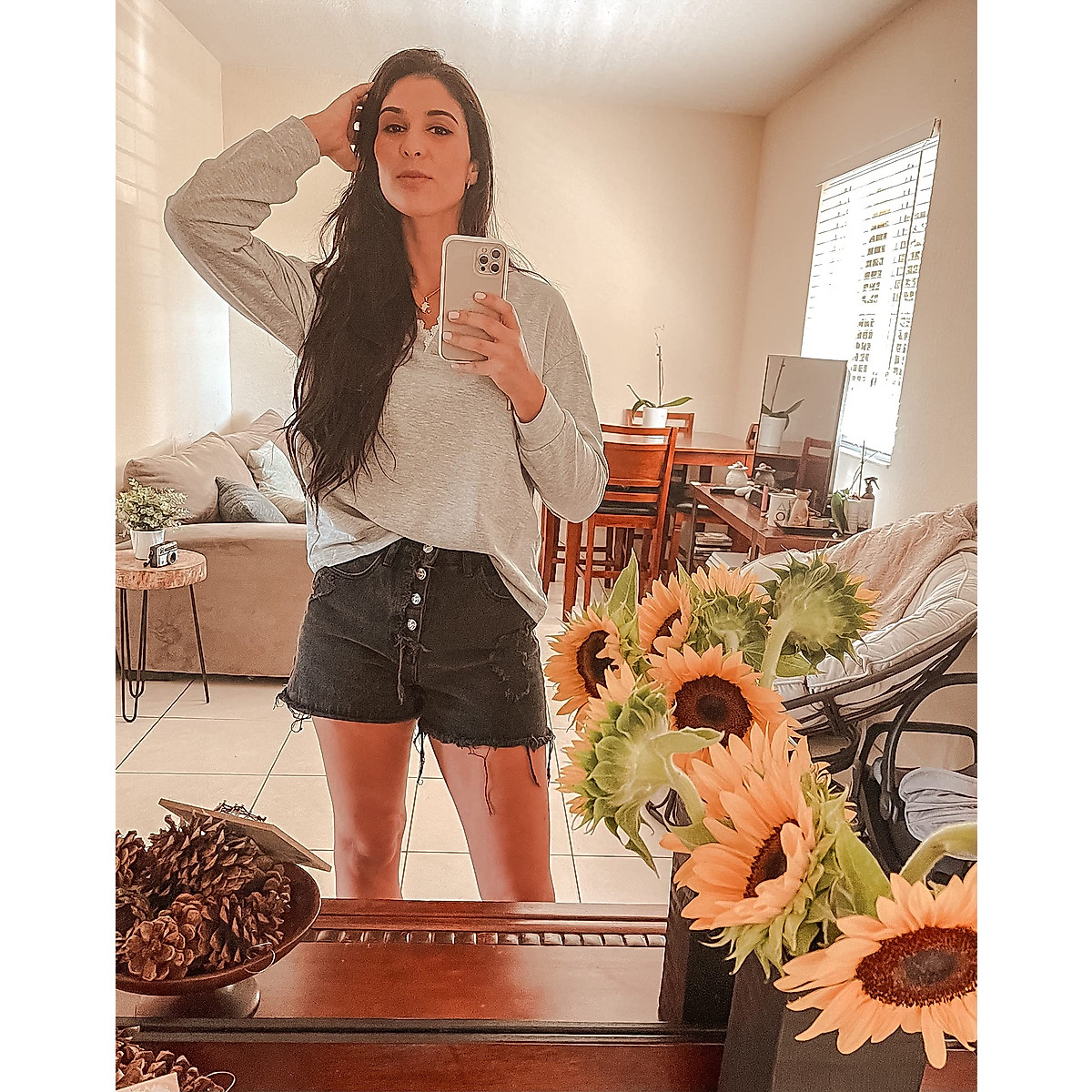 Ezcosplay Women Casual V Neck Hoodies Oversized Sweatshirt Long Sleeve Pullover Tops Gray