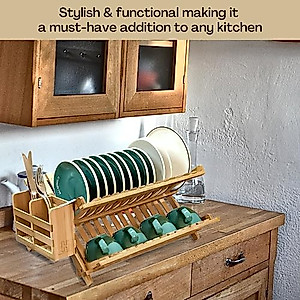 Collapsible Bamboo Dish Drying Rack with Utensil Holder - Convenient Kitchen Storage Solution for Dish Drainer and Messy Countertops