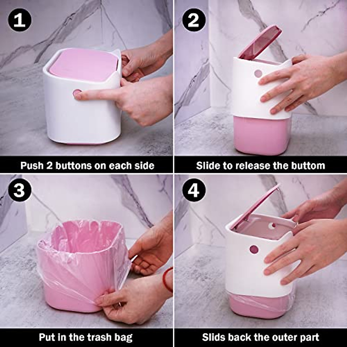 Business King Mini Desk Trash Can with Lid with Trash Bag 90pcs 2.5 L/0.7 Gallon Pink Plastic Countertop Garbage Bin with Removable Inner Tiny Waste Basket for Office Dresser Bedroom