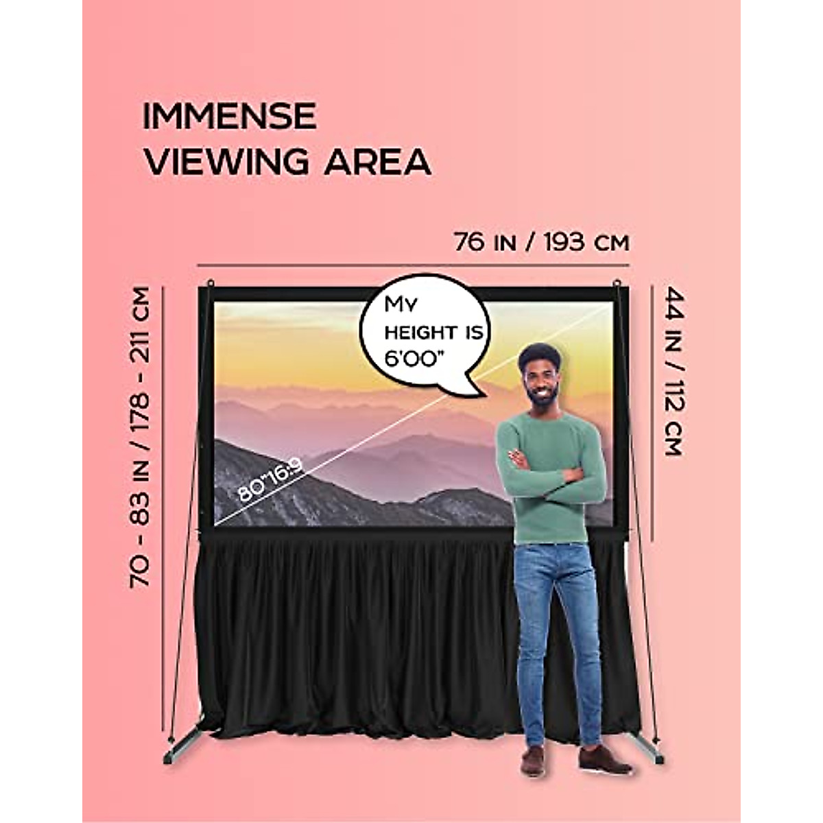 80 inch Outdoor Projector Screen and Stand or Wall Mount - 2 in 1 Indoor Outdoor Movie Screen - Premium Portable Projection Screen HD 16:9 - Large Metal Fast Foldable Fixed Frame - Theater Skirt