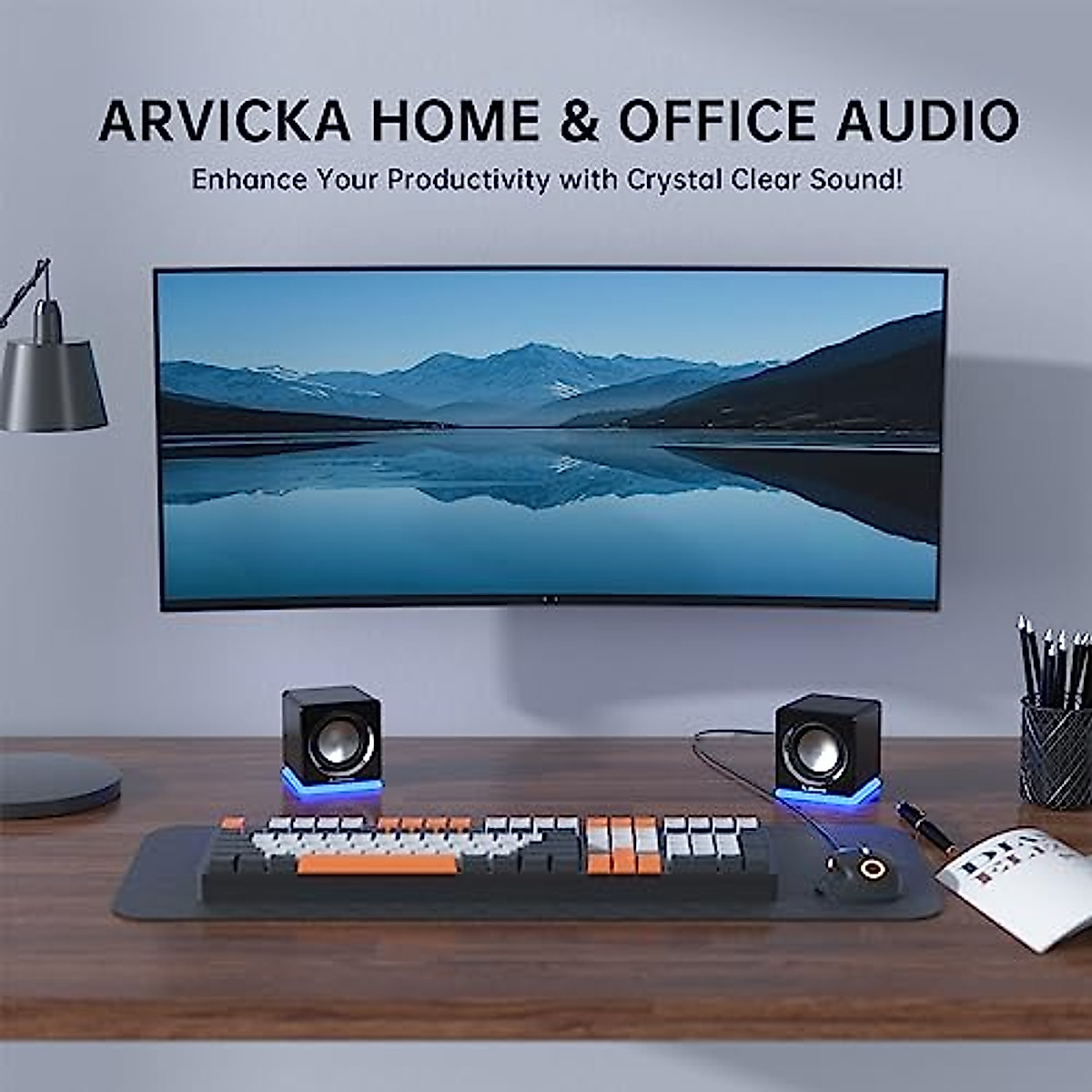 ARVICKA Computer Speaker, LED Accents USB Speaker Small Mighty Solid Wired Multimedia Speaker for PC Monitor Desktop Laptop Gaming Smartphones Tablets Projectors TVs, Black