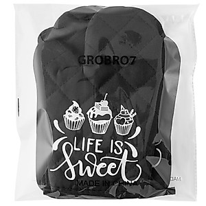 GROBRO7 6Pcs Cotton Oven Mitts and Pot Holders Set Life is Sweet Resistant Pocket Potholder Machine Washable Microwave Gloves with Hanging Loop Hot Pads for Daily Kitchen Baking Cooking Grilling Black