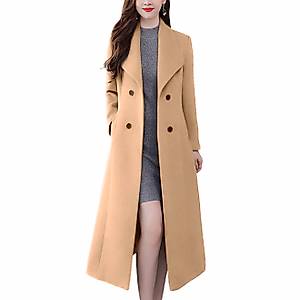 chouyatou Women's Chic Shawl Collar Work Double Breasted Maxi Long Wool Pea Coat (Medium, Camel)