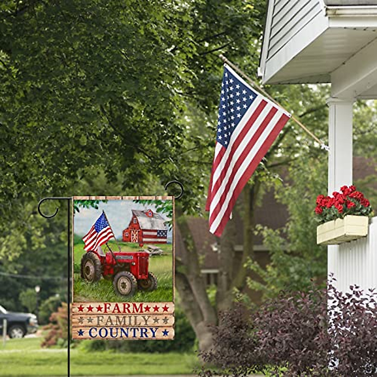 Furiaz Farm Family Country Barn Tractor July 4th American Patriotic Garden Flag, USA America Memorial Day Yard Decorative Home Outside Decoration, Spring Summer Farmhouse Outdoor Small Decor 12x18