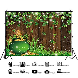 Laeacco 10x6.5FT St. Patrick's Day Backdrop Green Clover Lucky Shamrock Pot of Gold Coin Glitter Brown Wooden Board Photography Background Irish Festival Party Decor Kid Adult Portrait Photo Prop