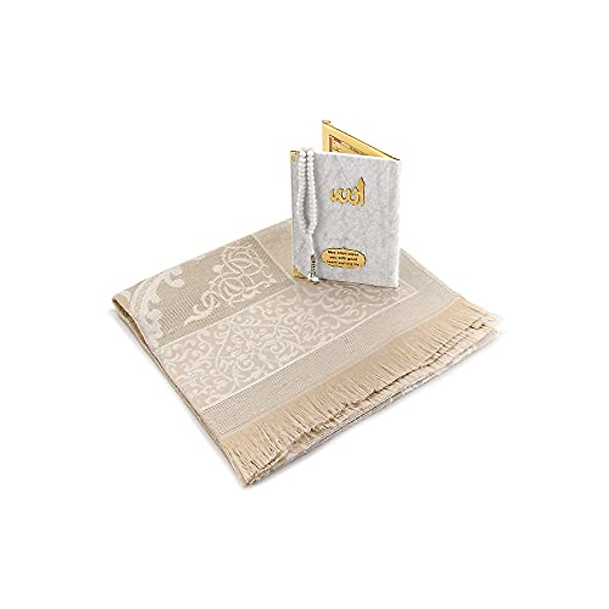 ihvan online Taffeta Fabric Muslim Prayer Rug & Velvet Covered Yaseen Surah Bag-Size Book & Crystal Prayer Beads Set with Kraft Boxed, Perfect Islamic Ramadan Eid Gifts, Cream