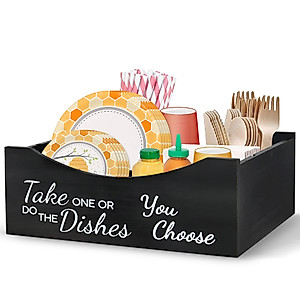 Paper Plate Holder Utensil Caddy for Countertop, Wood Utensil Holder Organizer for Plate Cup Fork Knives Spoon Napkin, Kitchen Countertop Paper Plate Holders Silverware Caddy Holder for Party, BBQ