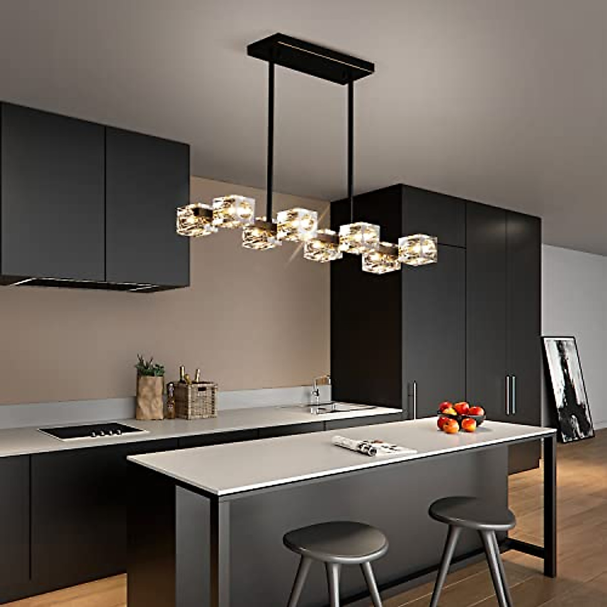OKES Black Chandelier,Crystal Pendant Lights Fixture with 8-Lights,Modern Cube lamp Shade Hanging Ceiling Light for Dining Room,Kitchen Island,Bedroom,Living Room