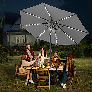 FLAME&SHADE 11 ft Solar Powered Outdoor Market Patio Table Umbrella with LED Lights and Tilt, Anthracite