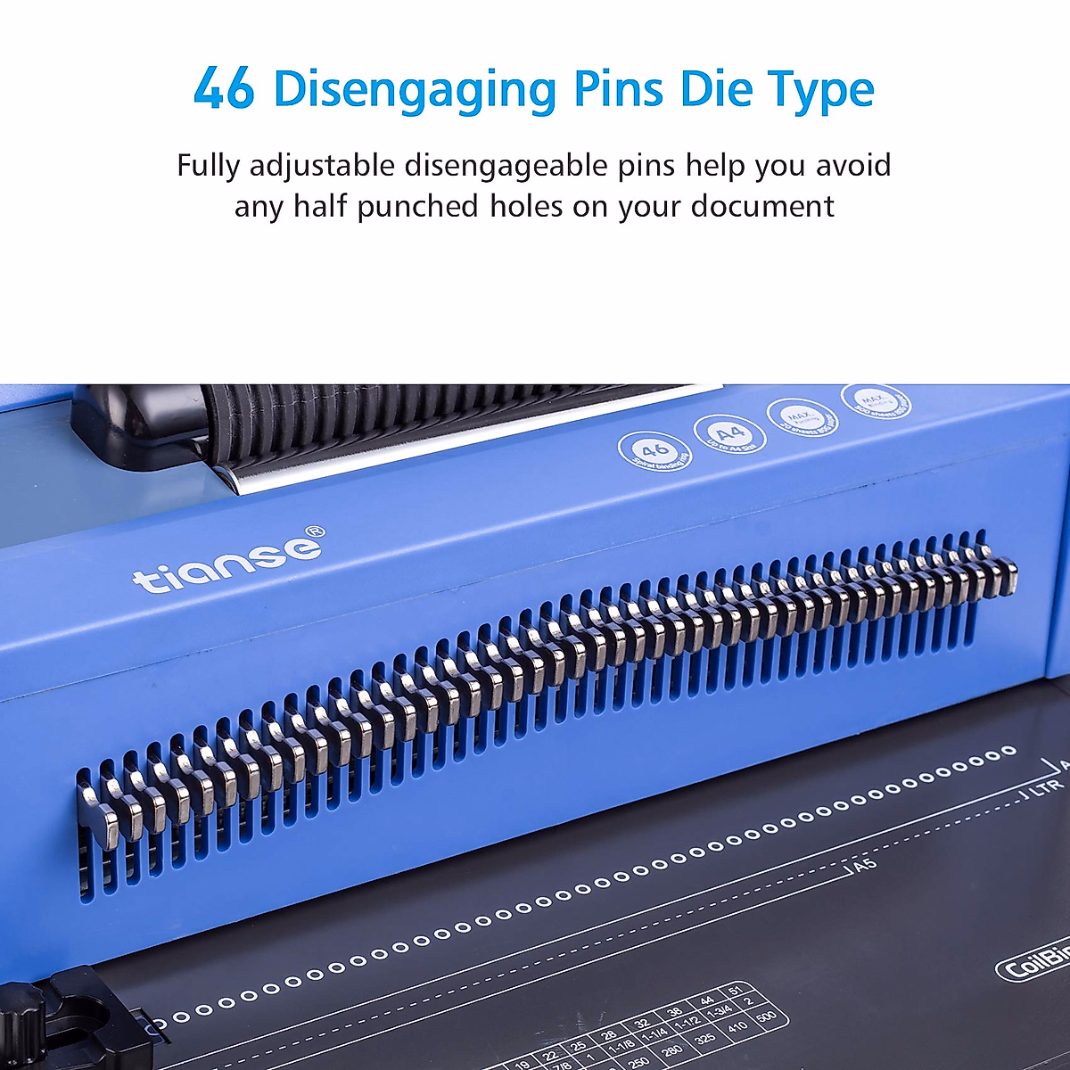 TIANSE Spiral Coil Binding Machine, Manual Book Maker Punch Binder with Electric Coil Inserter, Disengaging pins, Adjustable Side Margin, Comes with 100pcs 5/16'' Plastic Coil Binding Spines & Plier