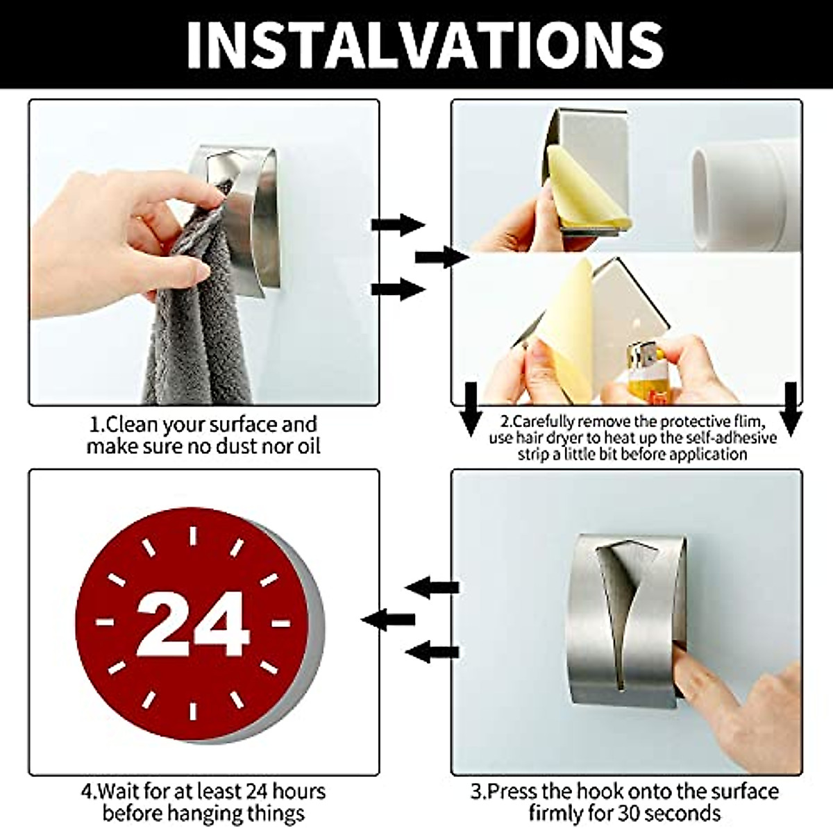 Boao Self Adhesive Grabber Stainless Steel Kitchen Dish Towel Hook Wall Mount Non Drilling Towel Hangers Rack Hand Towel Hook Tea Towel Holders for Bathroom