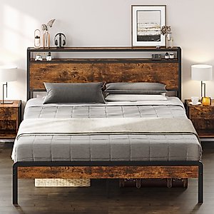 LIKIMIO Full Bed Frame, Platform Bed Frame Full with 2-Tier Storage Headboard and Strong Support Legs, More Sturdy, Noise-Free, No Box Spring Needed, Vintage Brown