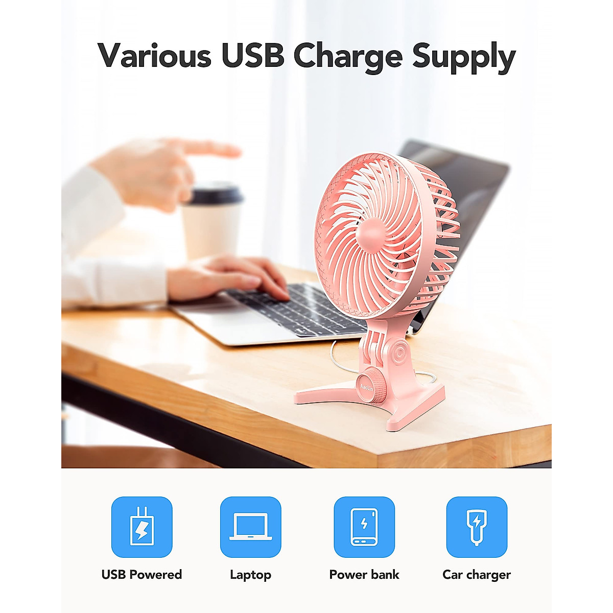 AaoLin USB Desk Fan, Small Fans with CVT Variable Speeds, Strong Cooling Airflow, Quiet Portable, Desktop Mini Personal Table Fan for Room, Home,Office, Bedroom, Pink