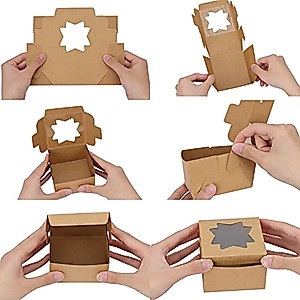 Moretoes 50pcs 4x4x2.5 Inches Brown Bakery Boxes with Window Cookie Boxes Kraft Paper Treat Boxes for Pastries, Small Cakes Box