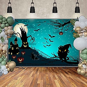 MOONDECO Photography Backdrop 7x5ft Halloween Party Props Black Tree Spider Owl Shadow Background Kids Pumpkin Lamp Ghost Fire Fly Bat Photo Booth