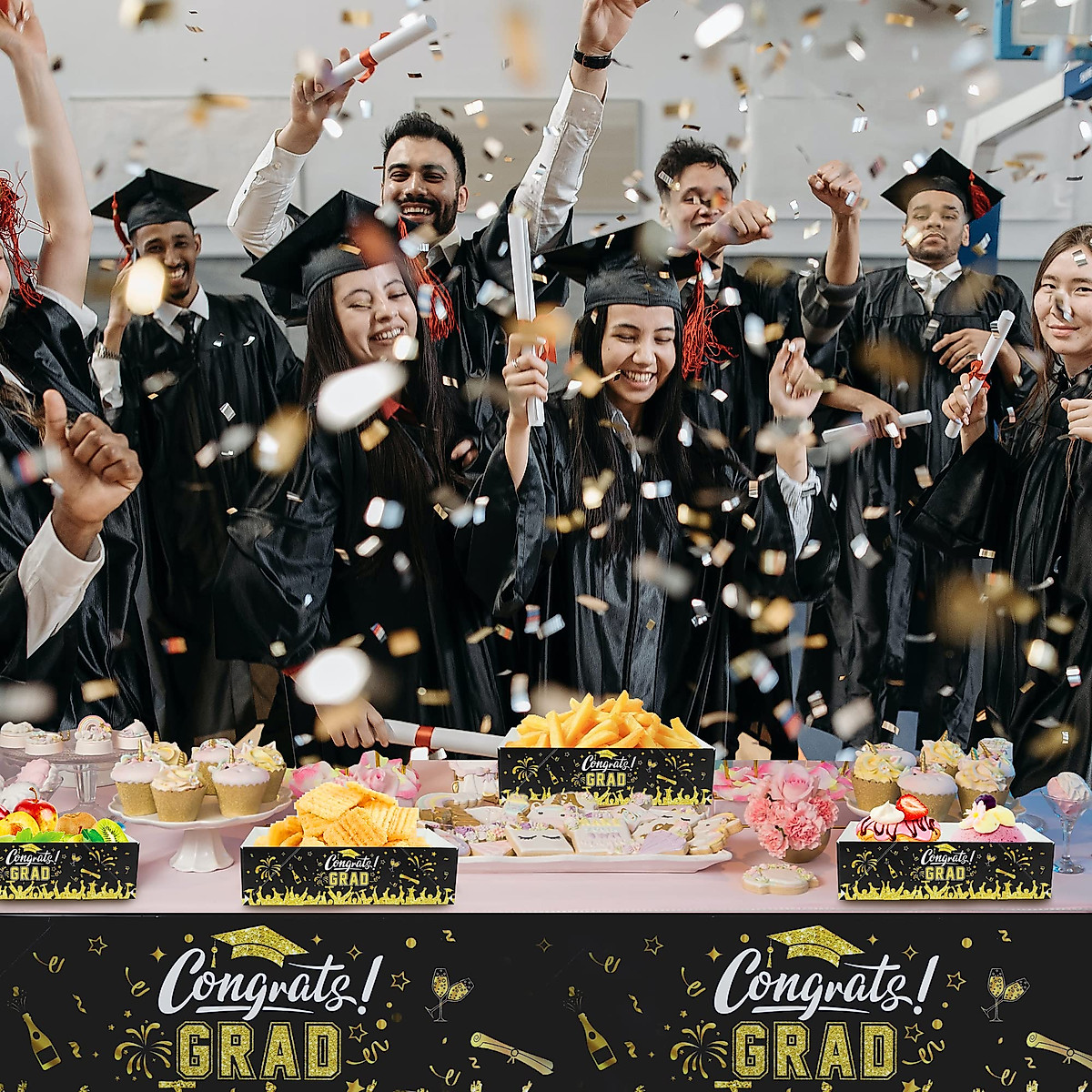 Disposable Food Trays 2023 Graduation Party Supplies Graduation Congrats Grad Paper Food Trays 30 Pcs Disposable Food Holders for Popcorn Nacho Black and Gold Graduation Party Decorations