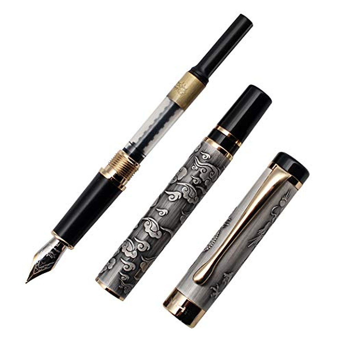 zoohot Ancient Silver Jinhao Dragon Fountain Pen Fine Nib Executive Fountain Pens Set, Vintage Pens Collection, Business Pen, Ink Refill Converter