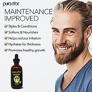 PURA D'OR Organic Beard Oil (4oz / 118mL) 100% Pure - USDA Certified - Natural Leave-In Conditioner, Argan & Jojoba Oil - Mustache Care & Maintenance, Increase Softness & Strength (Packaging may vary)