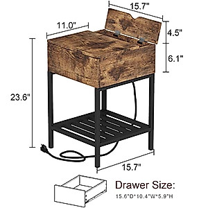 ChooChoo Nightstand with Charging Station and USB Ports, Rustic Side End Table with Drawer and Metal Shelf, Bedside Table for Small Spaces, Bedroom, Rustic Brown