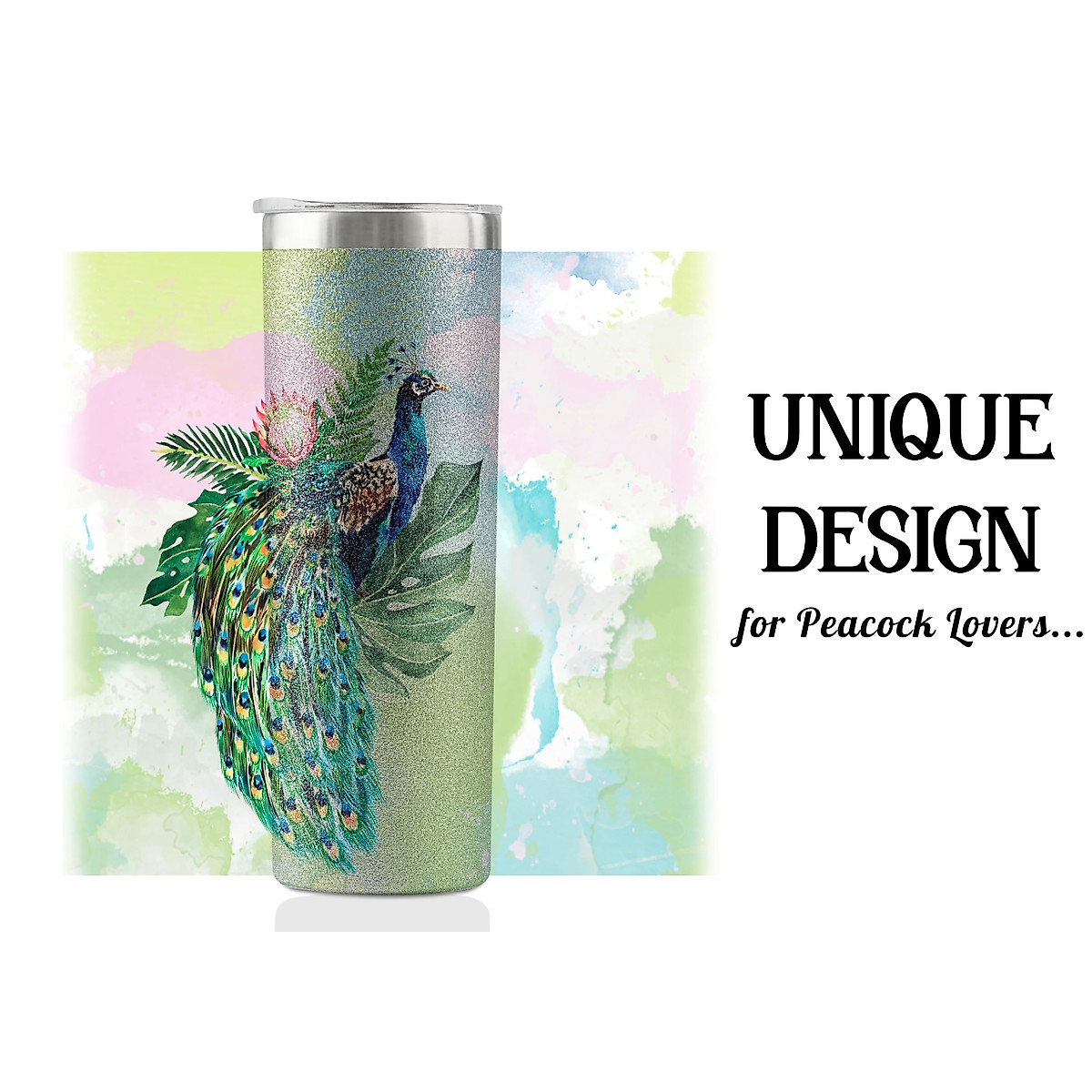 Onebttl Peacock Skinny Glitter Tumbler Gifts For Women, Female and Her - Peacock - 20oz/590ml Stainless Steel Insulated Tumbler with Straw, Lid - Gift for Peacock Lovers - Green