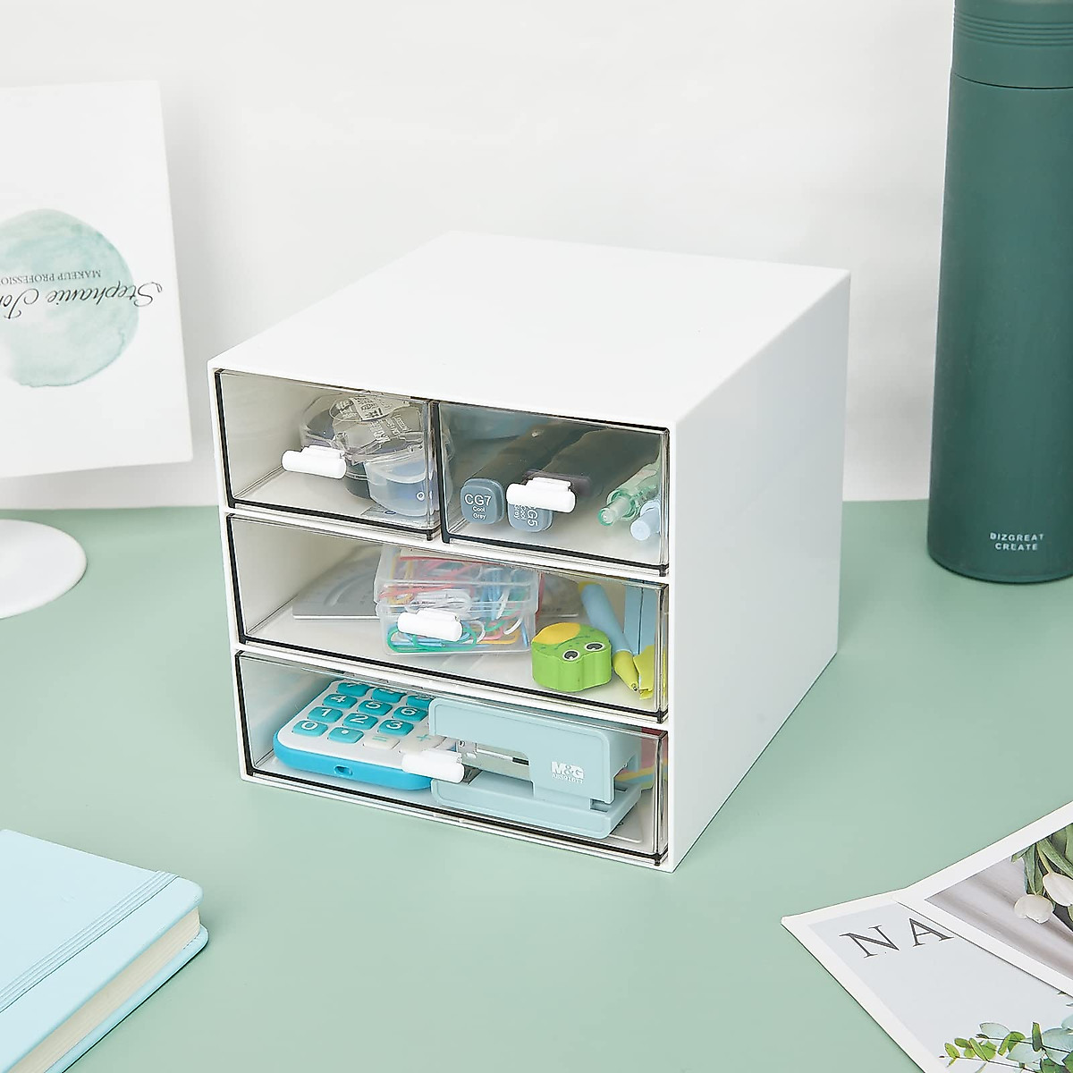 Desk Organizer with 4 Drawers, Clear Plastic Desk Storage Box, Desktop Organization for Office Supplies, Gel Pens, Pencils, Markers, Tape, Erasers, Paperclips, Chargers (White-4 Draws)